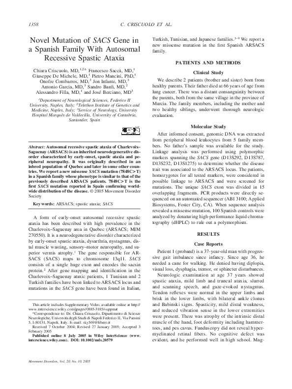 (PDF) Autosomal recessive spastic ataxia of Charlevoix-Saguenay (ARSACS): typical clinical and ...