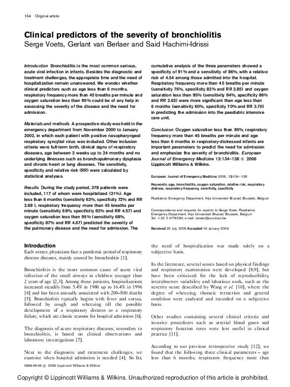 (PDF) Clinical predictors of the severity of bronchiolitis