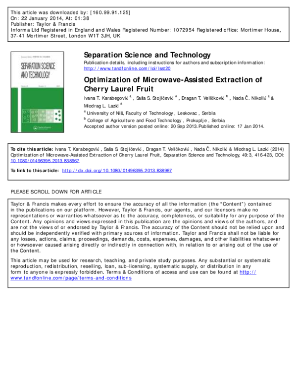Pdf Optimization Of The Microwave Assisted Extraction And Its Comparison With Different