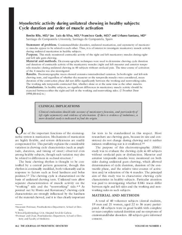 (PDF) Myoelectric activity during unilateral chewing in healthy ...