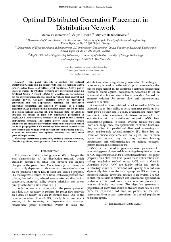 Pdf Optimal Distributed Generation Placement In Distribution Network Marko Vukobratović And