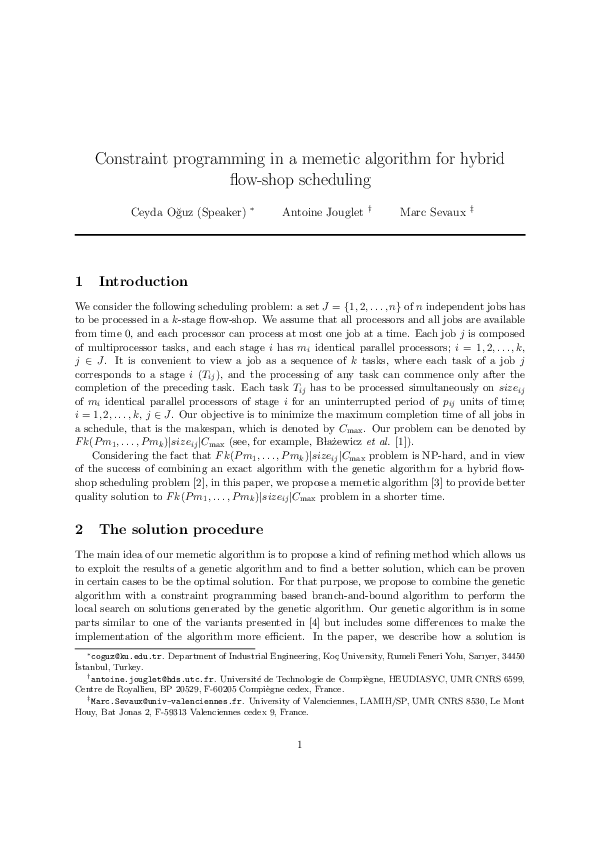 (PDF) Constraint programming in a memetic algorithm for hybrid flow-shop scheduling