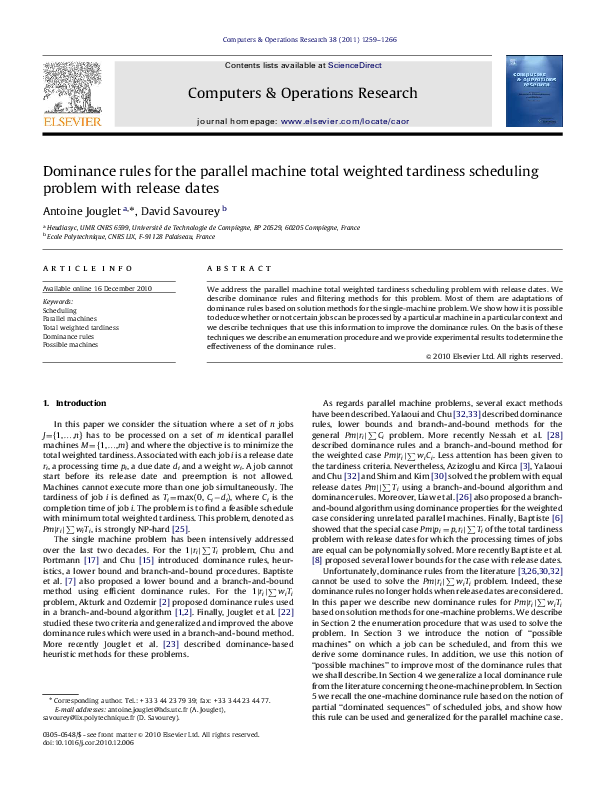 Pdf Dominance Rules For The Parallel Machine Total Weighted Tardiness Scheduling Problem With