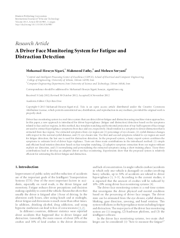 (PDF) A Driver Face Monitoring System for Fatigue and Distraction Detection