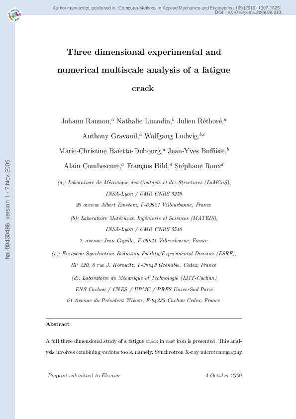 (PDF) Three dimensional experimental and numerical multiscale analysis of a fatigue crack