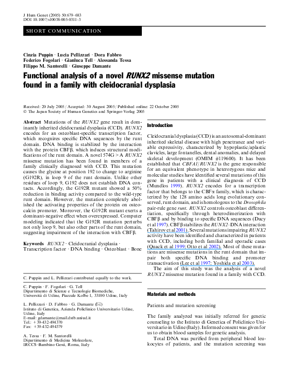 Pdf Functional Analysis Of A Novel Runx2 Missense Mutation Found In A