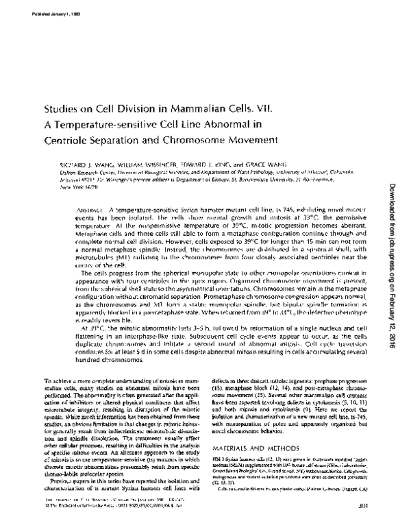 (PDF) Studies on cell division in mammalian cells. VII. A temperature ...