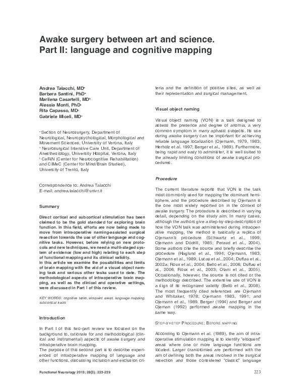 (PDF) Awake surgery between art and science. Part II: language and ...