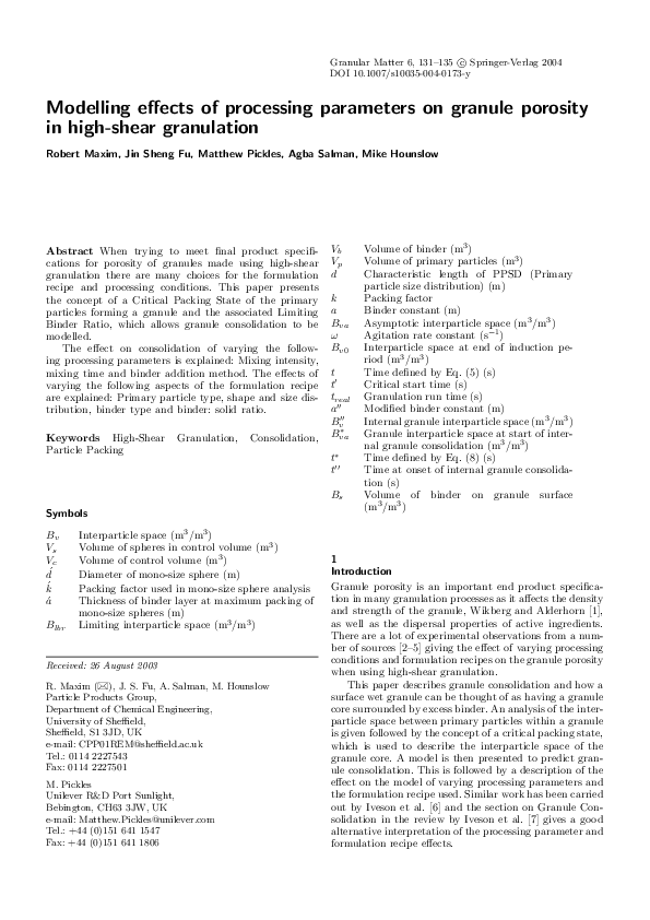 (PDF) Modelling effects of processing parameters on granule porosity in ...