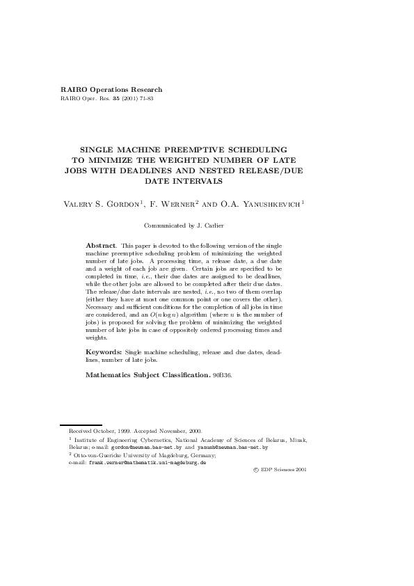 (PDF) Single Machine Preemptive Scheduling to Minimize the Weighted Number of Late Jobs with ...