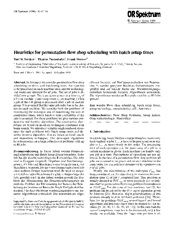 Pdf Heuristics For Permutation Flow Shop Scheduling With Batch Setup Times Frank Werner And