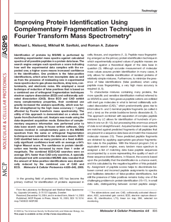 (PDF) Improving Protein Identification Using Complementary Fragmentation Techniques in Fourier ...