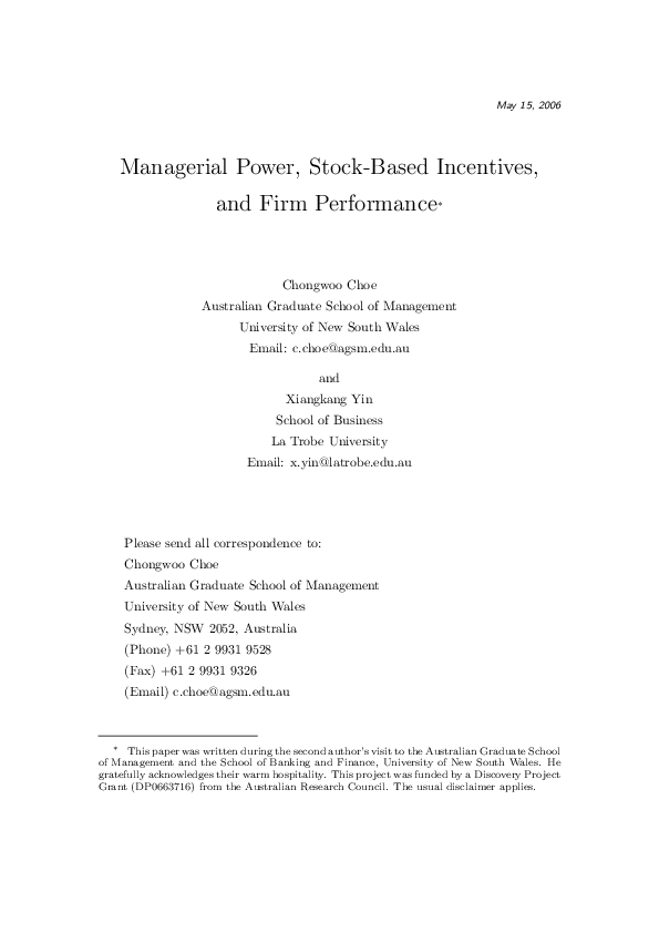 (PDF) Managerial Power, Stock-Based Incentives, and Firm Performance