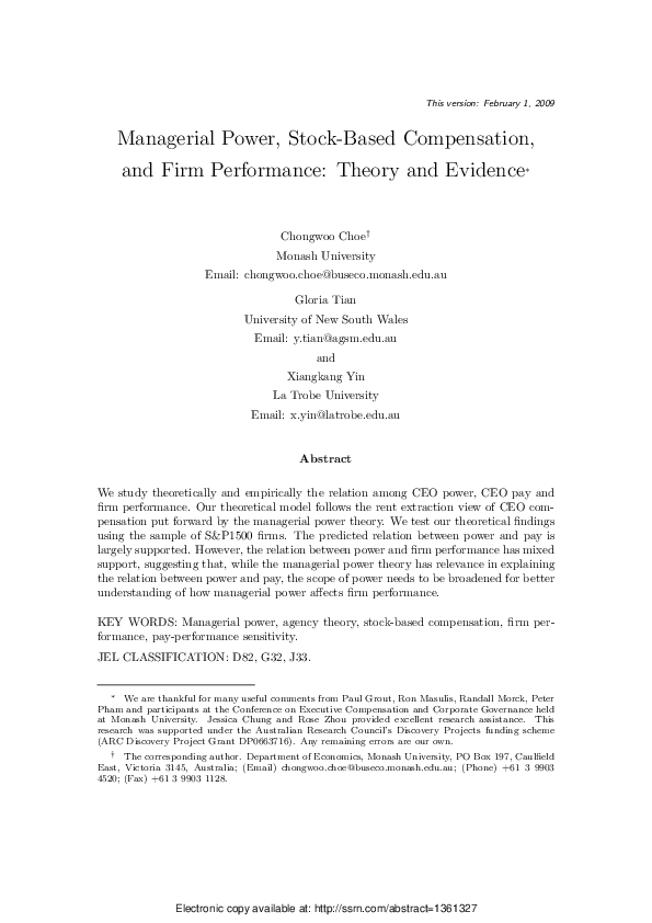 (PDF) Managerial Power, Stock-Based Compensation, and Firm Performance: Theory and Evidence