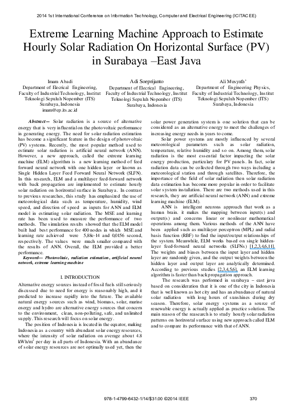 (PDF) Extreme learning machine approach to estimate hourly solar radiation on horizontal surface ...