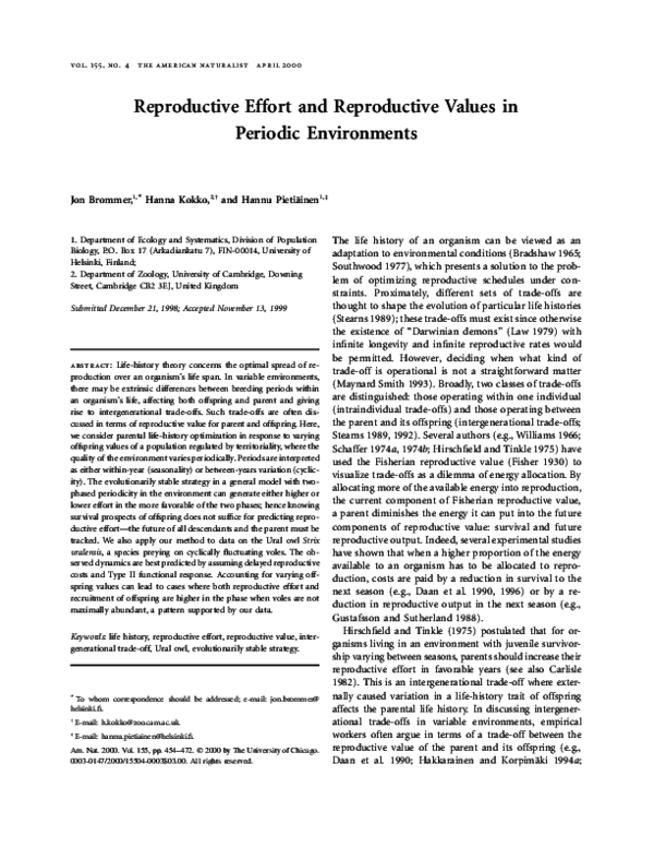 (PDF) Reproductive Effort and Reproductive Values in Periodic Environments