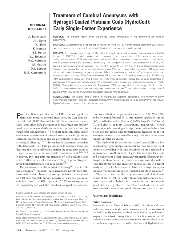 (PDF) ORIGINAL RESEARCH Treatment of Cerebral Aneurysms with Hydrogel ...