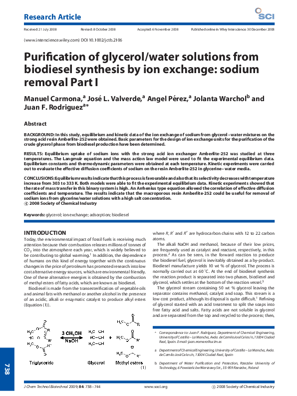(PDF) Purification of glycerol/water solutions from biodiesel synthesis ...