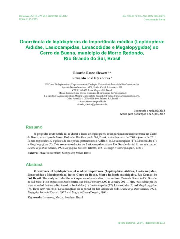 (PDF) Ocorrência de lepidópteros de importância médica (Lepidoptera ...