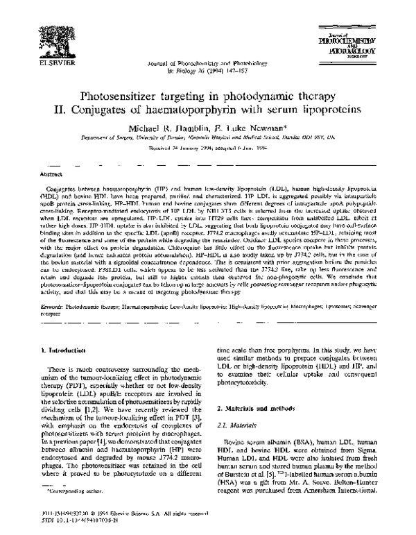 (PDF) Photosensitizer targeting in photodynamic therapy II. Conjugates ...