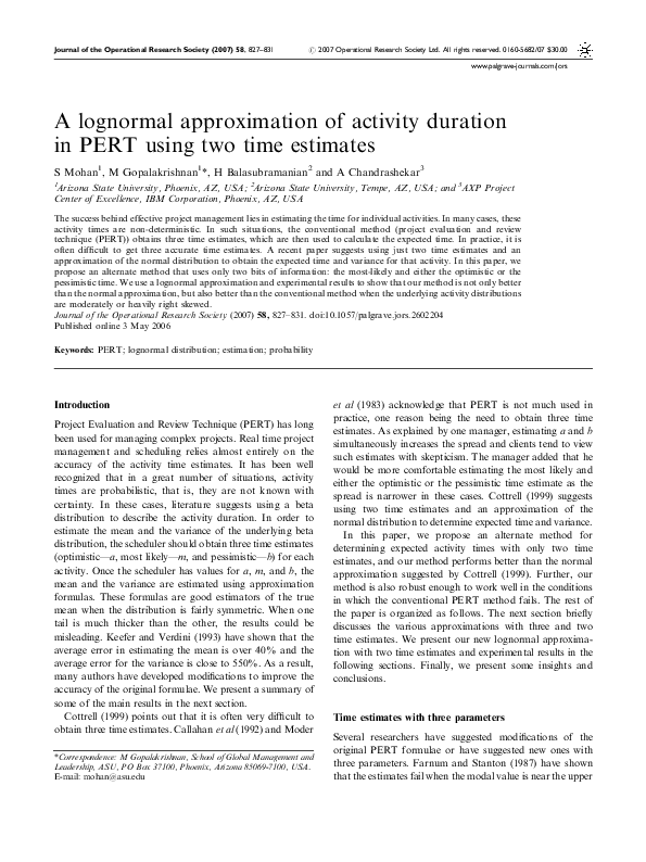 (PDF) A lognormal approximation of activity duration in PERT using two ...