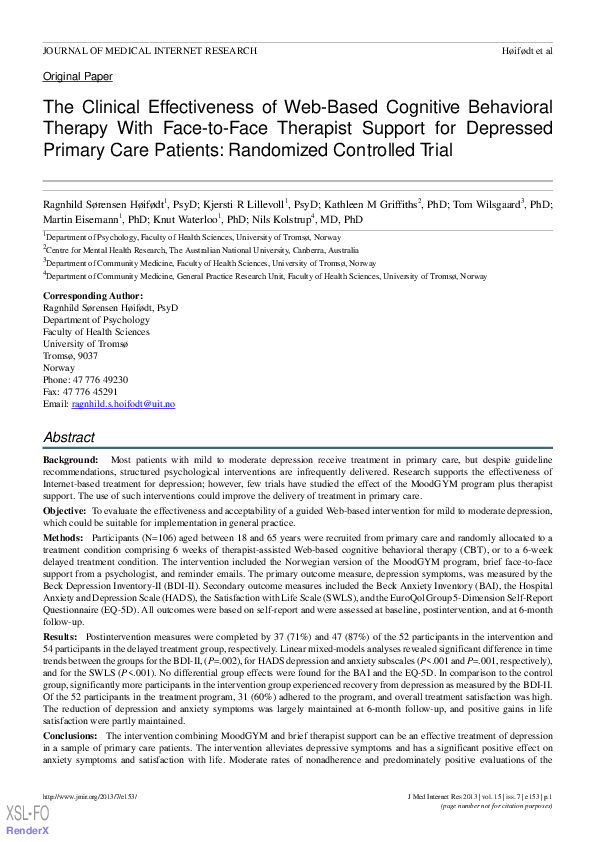(PDF) The Clinical Effectiveness of Web-Based Cognitive Behavioral Therapy With Face-to-Face ...