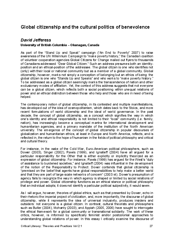 (PDF) Global citizenship and the cultural politics of benevolence (2008)