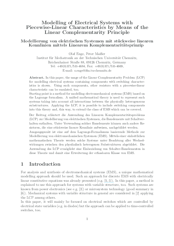 (PDF) Modelling of Electrical Systems with Piecewise-Linear Characteristics by Means of the ...