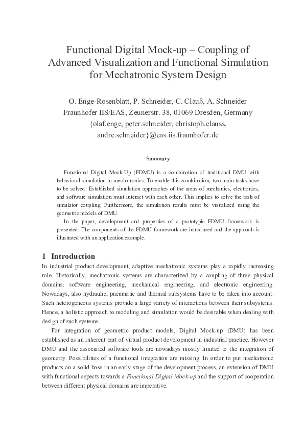 (PDF) Functional Digital Mock-up – Coupling of Advanced Visualization and Functional Simulation ...
