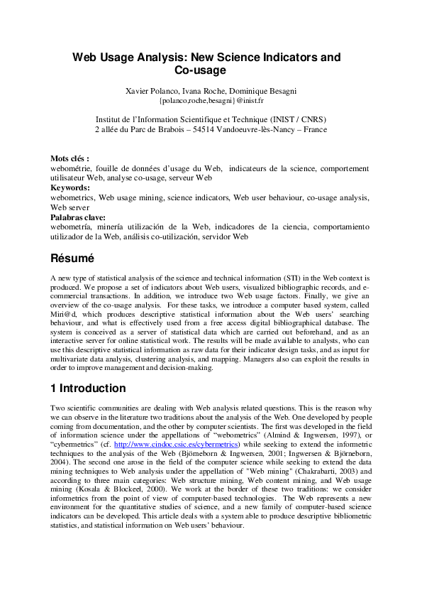 (PDF) Web Usage Analysis: New Science Indicators and Co-usage