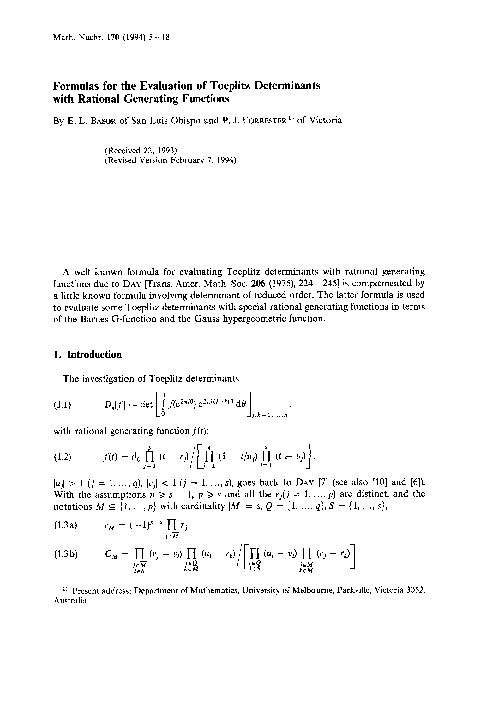 (PDF) Formulas for the Evaluation of Toeplitz Determinants with Rational Generating Functions