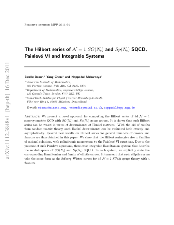 (PDF) The Hilbert series of N=1 SO(N-c) and Sp(N-c) SQCD, Painleve VI ...