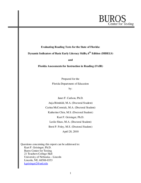 (PDF) Evaluating Reading Tests for the State of Florida: Dynamic ...