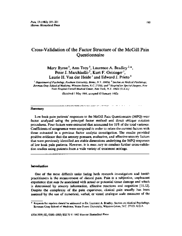 (PDF) Cross-validation of the factor structure of the McGill Pain ...