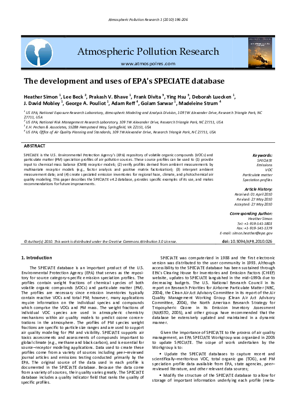 (PDF) The development and uses of EPA's SPECIATE database