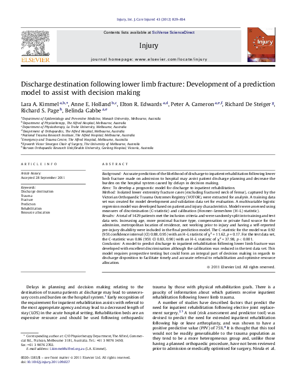 (PDF) Discharge destination following lower limb fracture: Development of a prediction model to ...