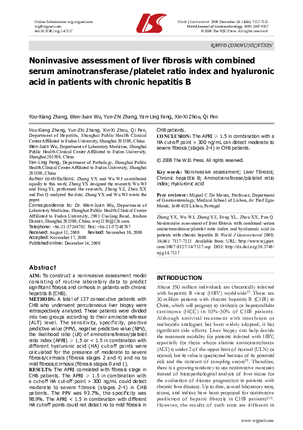 (PDF) FIB-4, APRI, and AST/ALT ratio compared to FibroScan for the ...