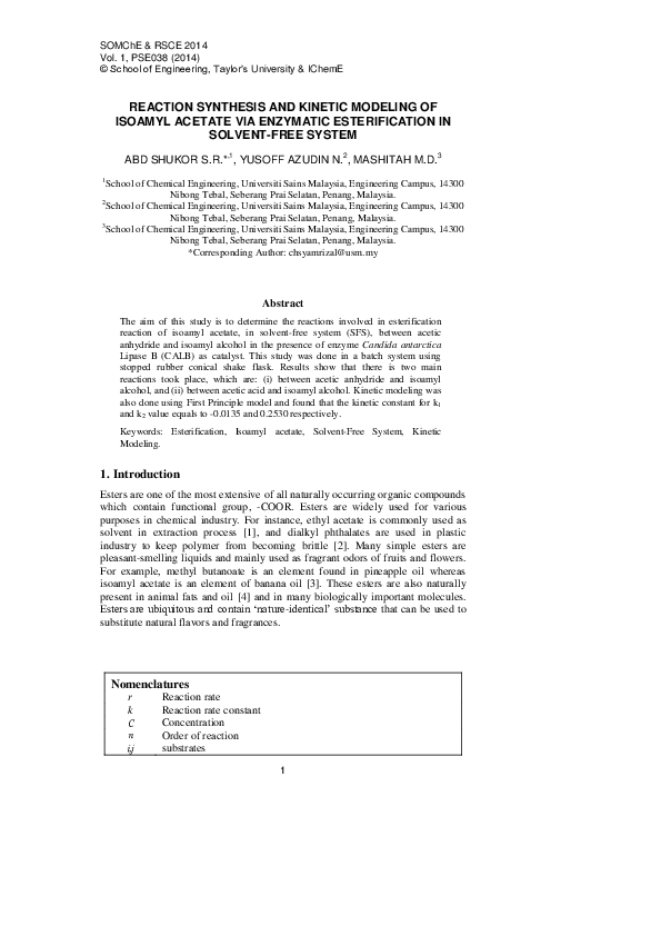 (PDF) REACTION SYNTHESIS AND KINETIC MODELING OF ISOAMYL ACETATE VIA ENZYMATIC ESTERIFICATION IN ...
