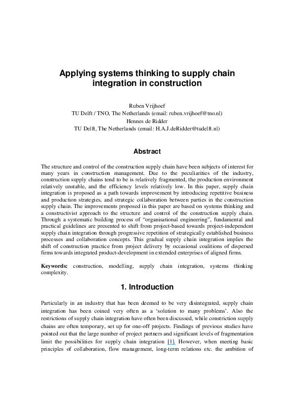 (PDF) Applying systems thinking to supply chain integration in construction