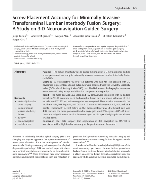 (PDF) Screw placement accuracy for minimally invasive transforaminal lumbar interbody fusion ...