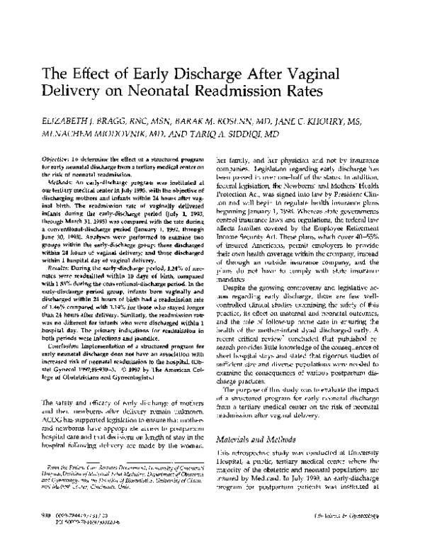 (PDF) The effect of early discharge after vaginal delivery on neonatal ...