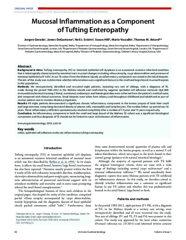(PDF) Mucosal Inflammation as a Component of Tufting Enteropathy