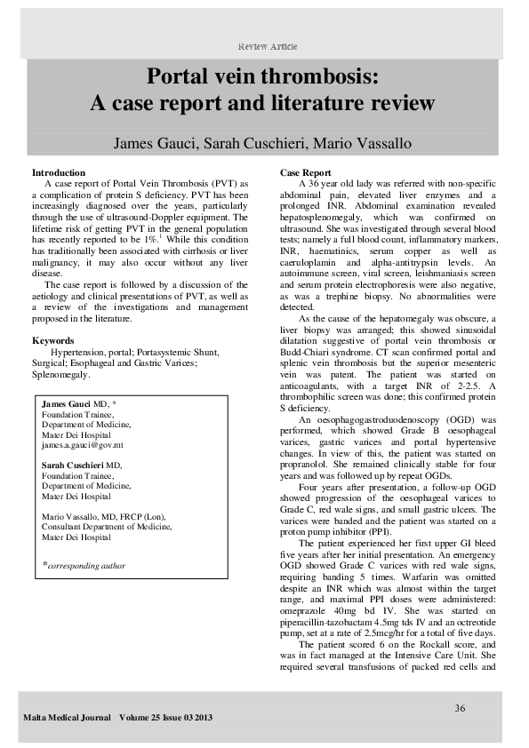 (PDF) Portal Vein Thrombosis: A Case report and Literature Review