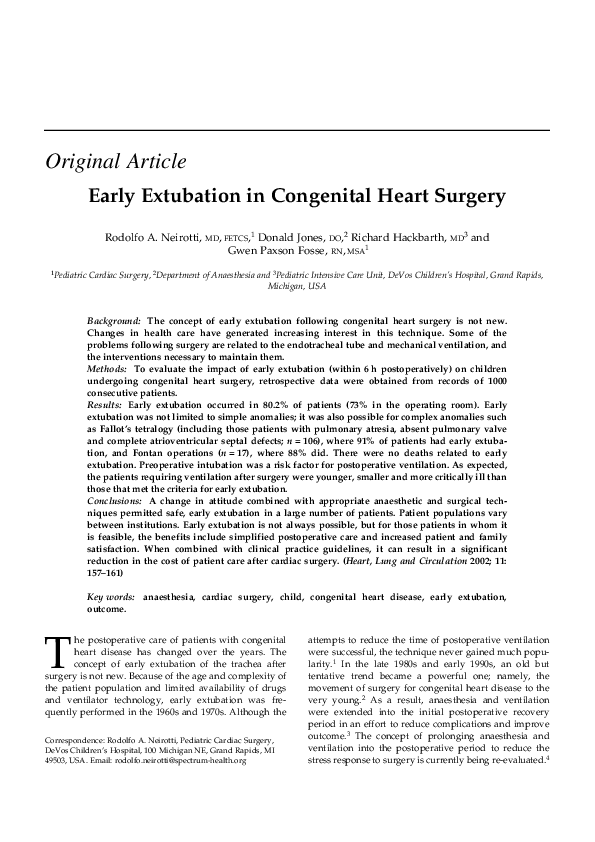 (PDF) Early extubation in congenital heart surgery