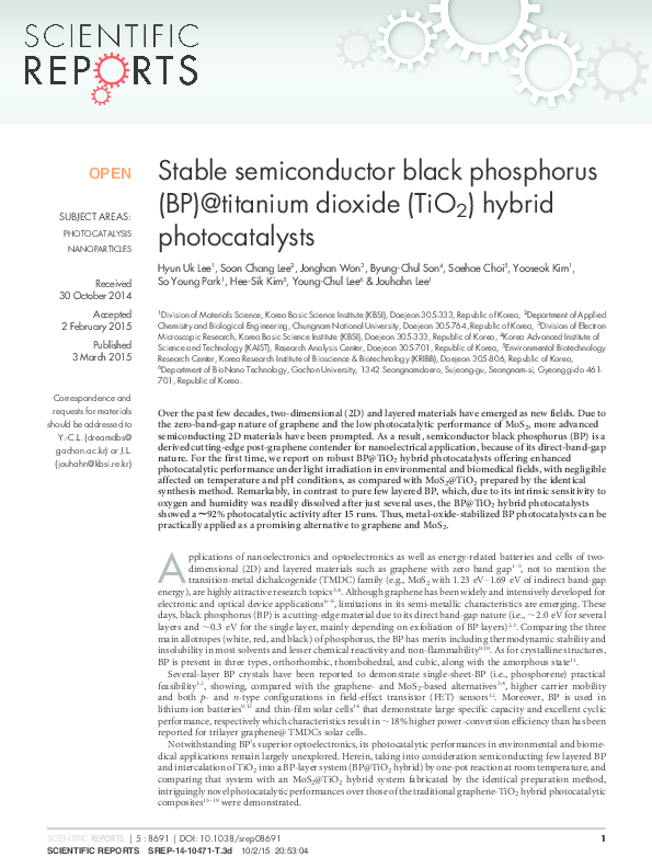 (PDF) Stable semiconductor black phosphorus (BP)@titanium dioxide (TiO2) hybrid photocatalysts