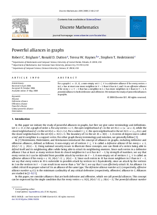 (PDF) Powerful alliances in graphs