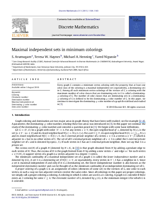 (PDF) Maximal independent sets in minimum colorings