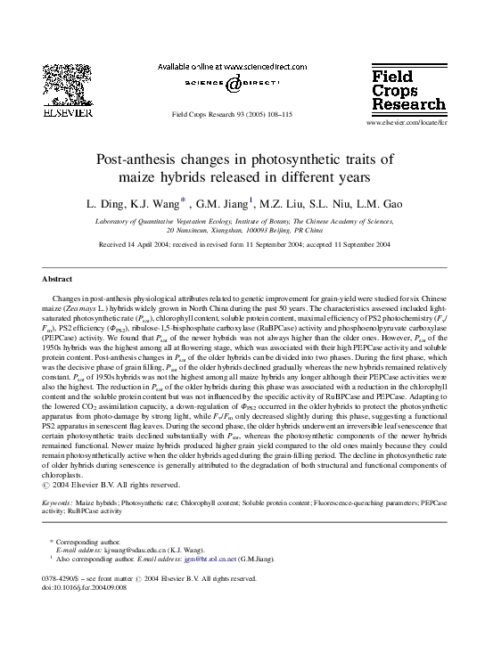 (PDF) Post-anthesis changes in photosynthetic traits of maize hybrids ...