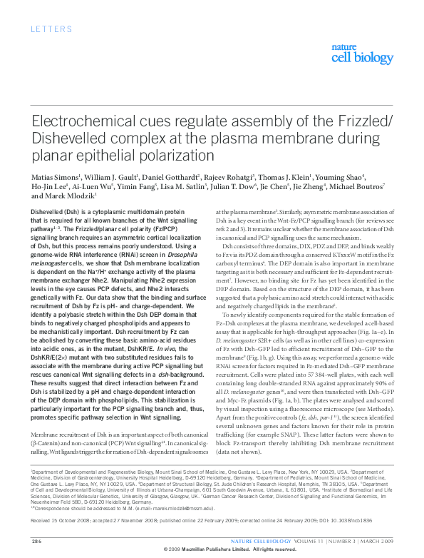 (PDF) Electrochemical cues regulate assembly of the Frizzled ...