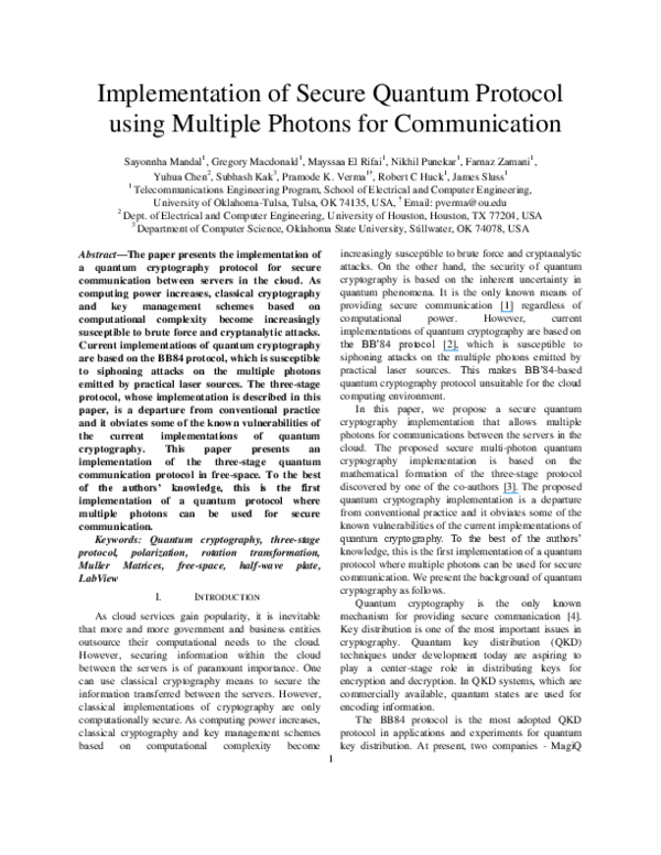 Pdf Implementation Of Secure Quantum Protocol Using Multiple Photons